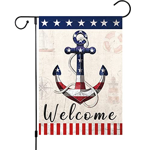 WODISON Patriotic 4th of July Memorial Day Garden Flag, American Anchor Vertical Double Sided Burlap Welcome Flag, Outdoor Decoration For Yard Home 12 x 18 Inch (ONLY FLAG)