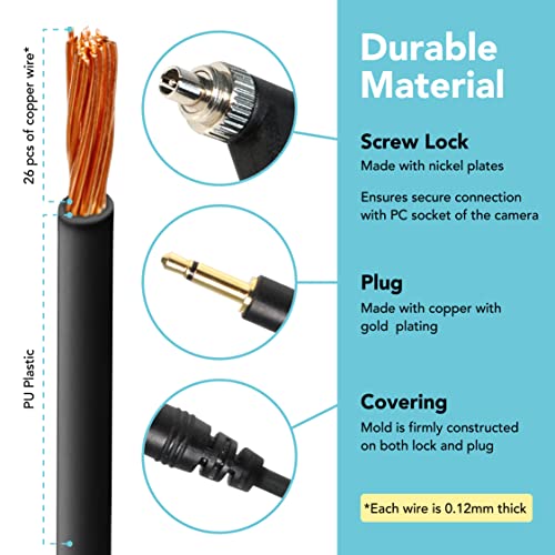 Foto&Tech 3.5 mm to Male Flash PC Sync Cable, 14 Inch Coiled Cord with Screw Lock, Compatible with Nikon Canon and Most DSLR Cameras PocketWizard Plus III Plus II Mini Phone PC1 (1 Piece)