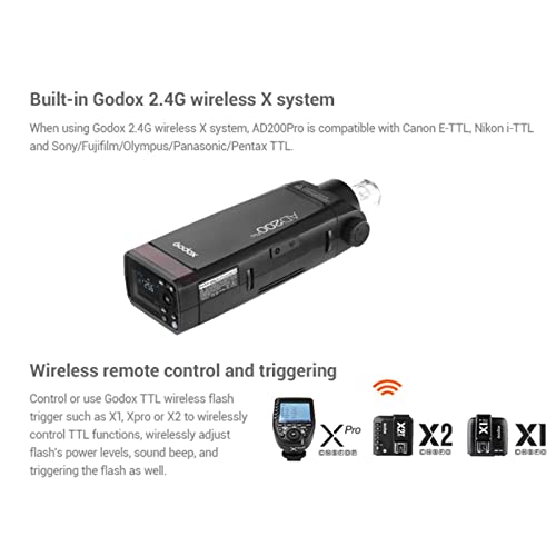 GODOX AD200 Pro AD200Pro 200Ws 2.4G Flash Strobe, 1/8000 HSS, 500 Full Power Flashes, 0.01-1.8s Recycling, 2900mAh Battery, Bare Bulb/Speedlite Fresnel Flash Head Pocket Flash Monolight
