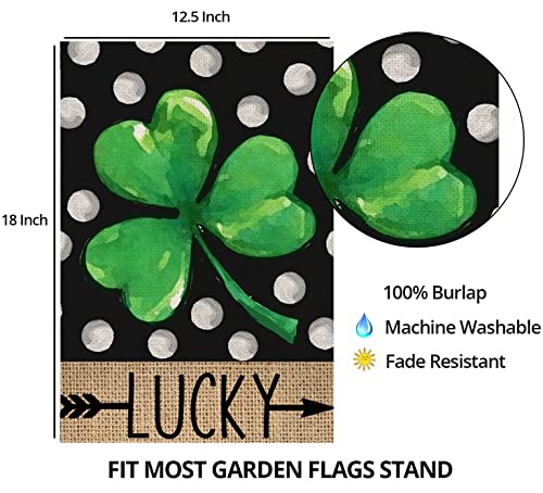 St Patrick's Day Lucky Shamrock Garden Flag for Outdoor,Shamrock with White Dots Small Yard Flag,Spring Saint Patrick Decors for Outside Holiday 12x18 Double Sided