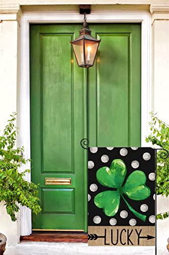 St Patrick's Day Lucky Shamrock Garden Flag for Outdoor,Shamrock with White Dots Small Yard Flag,Spring Saint Patrick Decors for Outside Holiday 12x18 Double Sided