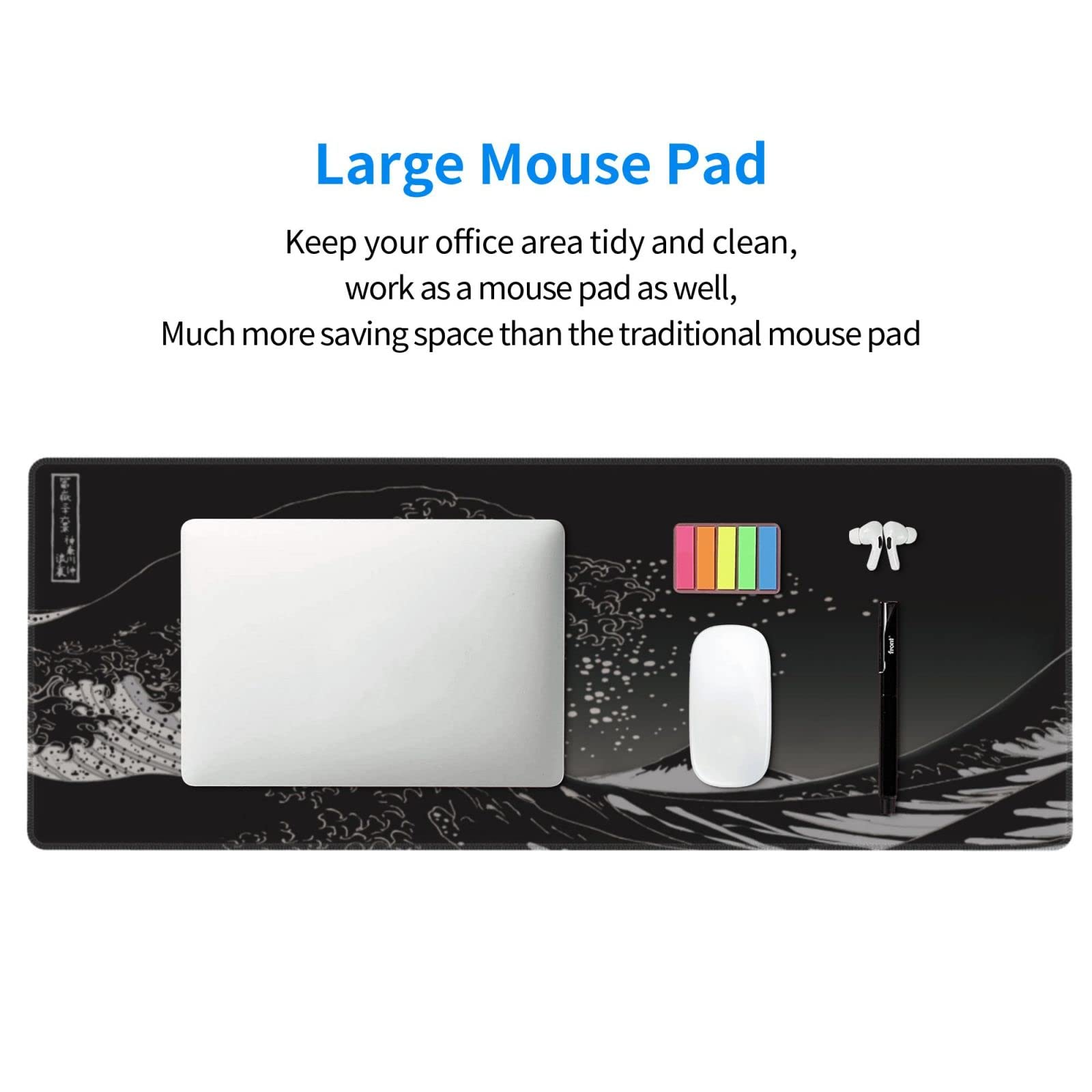 Japanese Sea Wave Large Mouse Pad Extended The Great Wave Gaming Mouse Pad Kanagawa Mousepad with Stitched Edges Keyboard Mouse Mat 3mm for Home Office 31.5 x 11.8 Inch, Black
