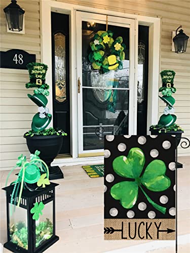 St Patrick's Day Lucky Shamrock Garden Flag for Outdoor,Shamrock with White Dots Small Yard Flag,Spring Saint Patrick Decors for Outside Holiday 12x18 Double Sided