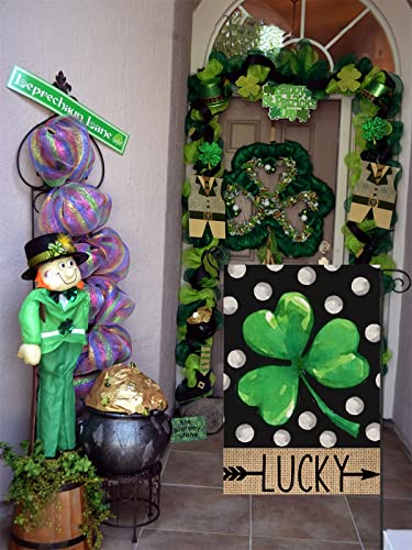 St Patrick's Day Lucky Shamrock Garden Flag for Outdoor,Shamrock with White Dots Small Yard Flag,Spring Saint Patrick Decors for Outside Holiday 12x18 Double Sided