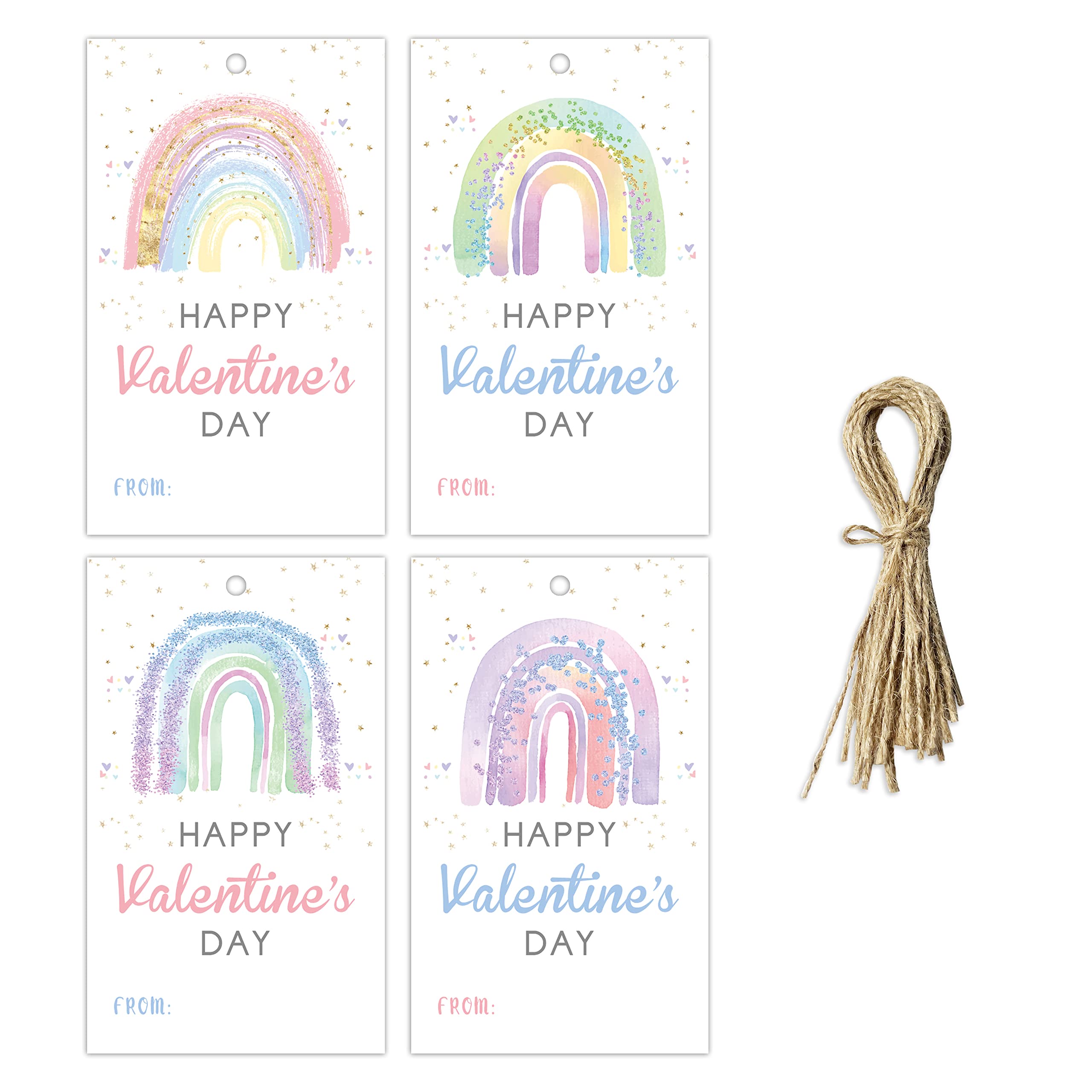 Valentine's Day Tags for Kids - 4 Styles 40 Pcs Boho Rainbow Valentine's Day Hanging Tag with String Cards - Valentine's Day Gift Labels, Gift Wrapping, Party Gift Box, Decoration Supplies(QRtag-03)