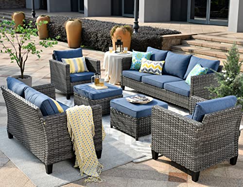 ovios Patio Furniture Set 6 PCS Outdoor Sectional Sofa Set with Loveseat Chairs Ottomans High Back Sofa All Weather Wicker Rattan Conversation Sets for Yard Porch (Denim Blue)