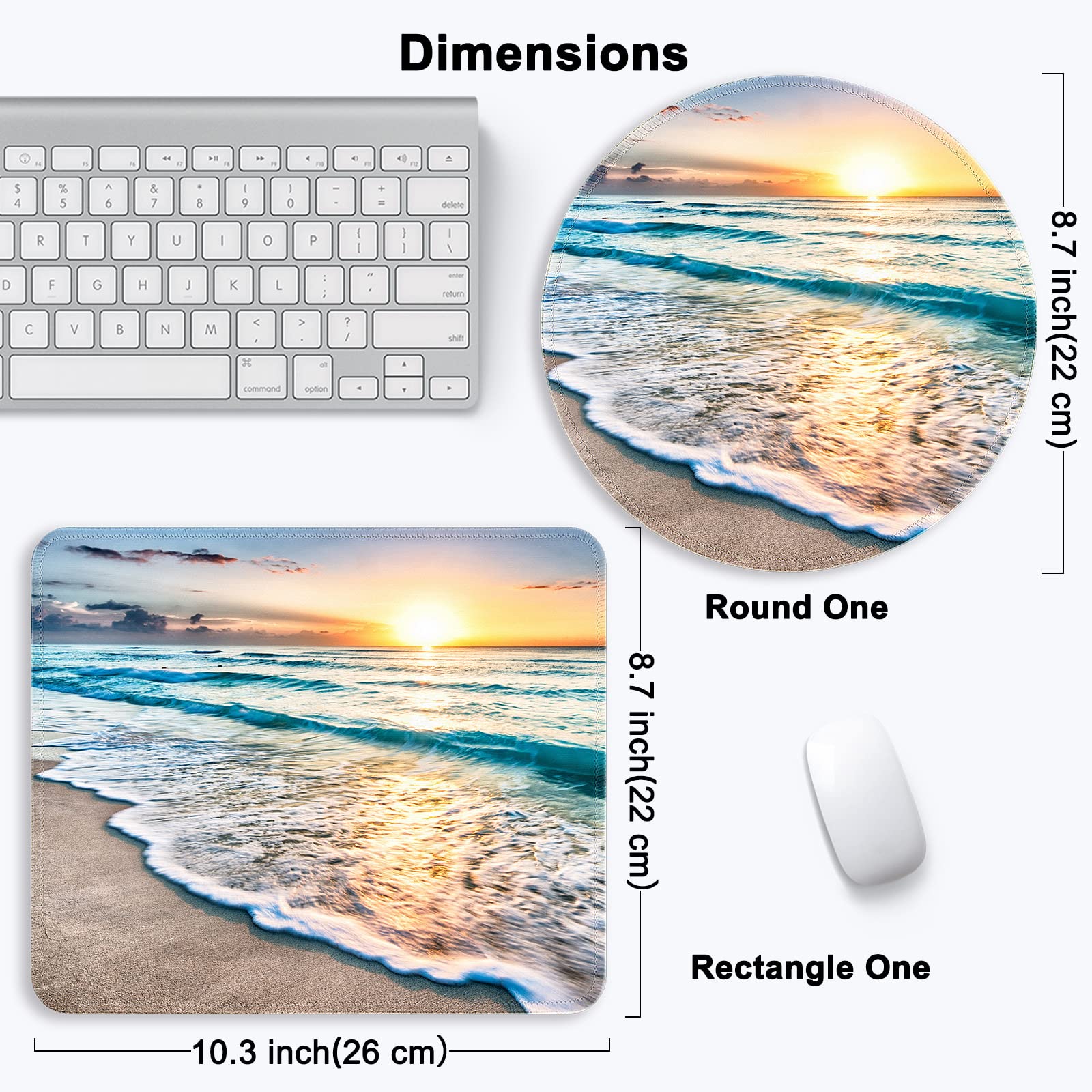 Mouse Pad, Square and Round Mouse Pads, 2 Pack,10.3 x 8.7 inch and Dia 8.7 inch, Cute Small Mousepad, Stitched Edge Mouse Pads for Desk, Gaming Mouse Mat for Computer Laptop Office -Sunrise Beach