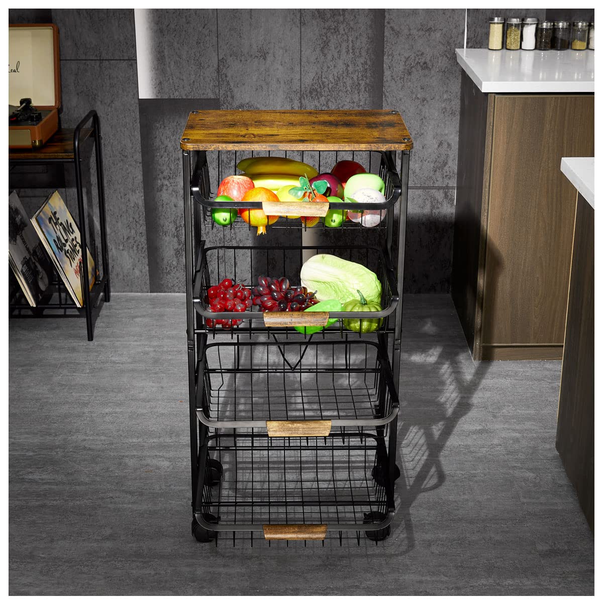 MAWEW Vegetable Kitchen Storage Basket,Potato Storage Basket,Vegetable Storage Cart with Universal Wheel,Rustic Farmhouse Vegetable Storage Basket, Kitchen Vegetable Storage Rack，snack shelf(5 Tier)