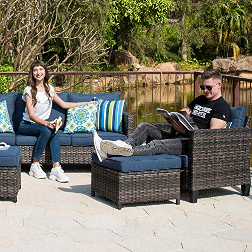 ovios Patio Furniture Set 6 PCS Outdoor Sectional Sofa Set with Loveseat Chairs Ottomans High Back Sofa All Weather Wicker Rattan Conversation Sets for Yard Porch (Denim Blue)
