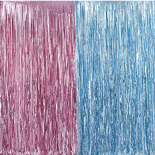 Metallic Tinsel Foil Fringe Curtains 3.2 ft x 6.6 ft Baby Shower Gender Reveals Party Decoration Party Photo Backdrop (Pink/Blue)