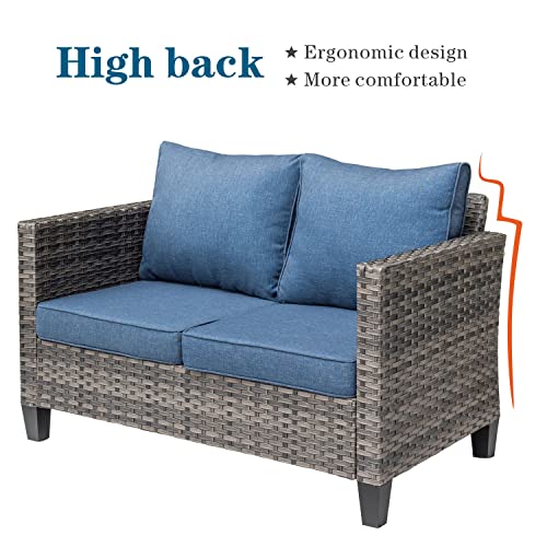 ovios Patio Furniture Set 6 PCS Outdoor Sectional Sofa Set with Loveseat Chairs Ottomans High Back Sofa All Weather Wicker Rattan Conversation Sets for Yard Porch (Denim Blue)