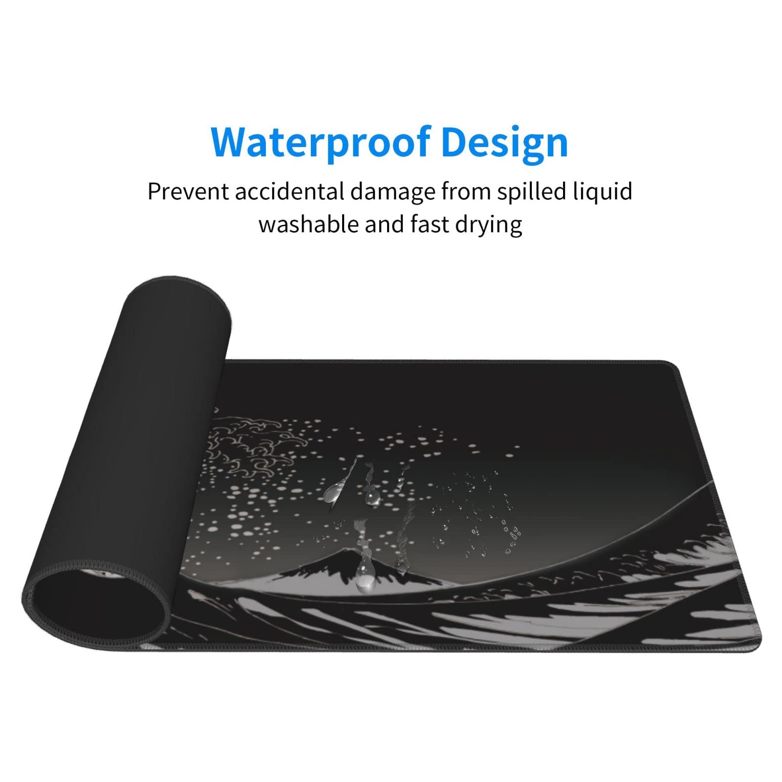 Japanese Sea Wave Large Mouse Pad Extended The Great Wave Gaming Mouse Pad Kanagawa Mousepad with Stitched Edges Keyboard Mouse Mat 3mm for Home Office 31.5 x 11.8 Inch, Black