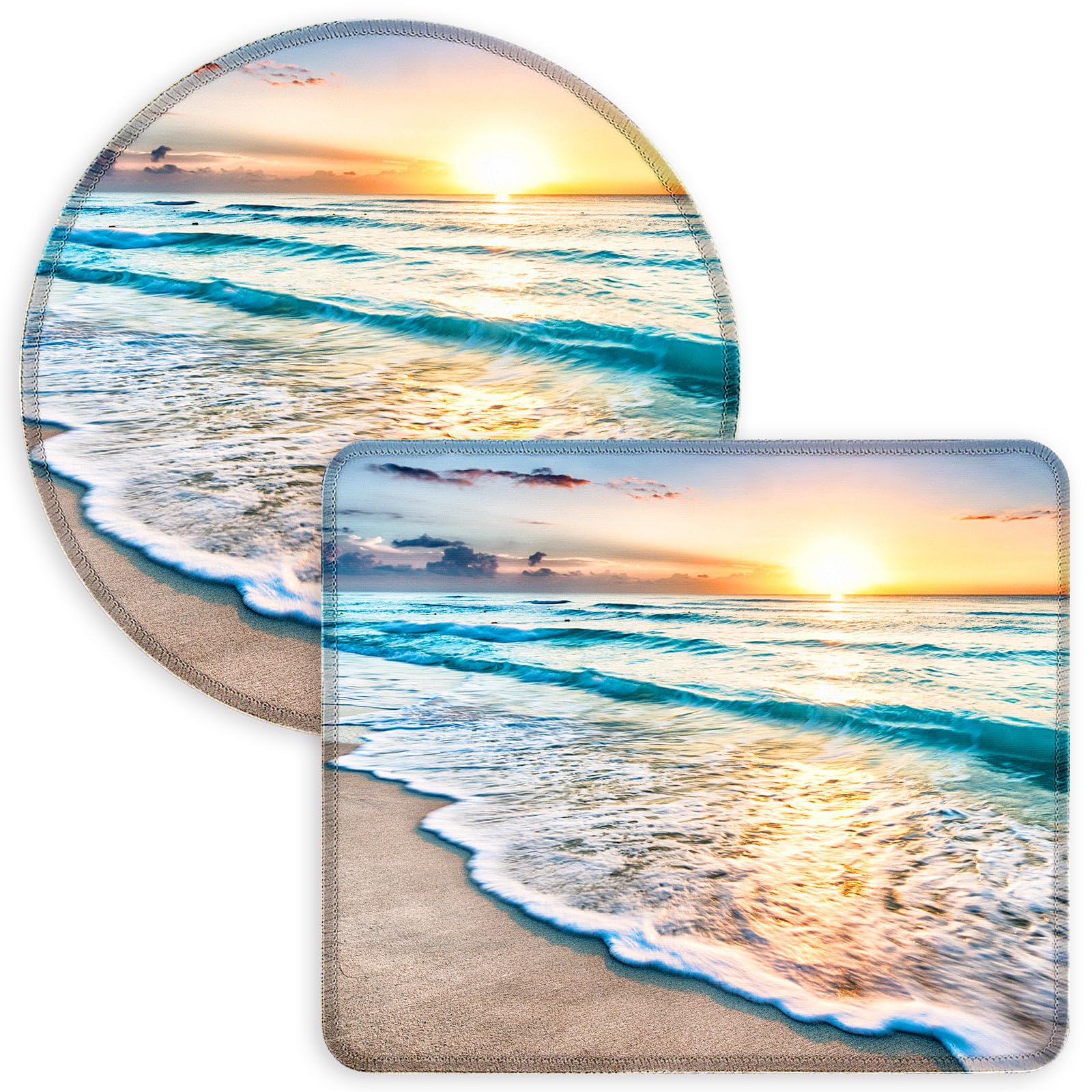 Mouse Pad, Square and Round Mouse Pads, 2 Pack,10.3 x 8.7 inch and Dia 8.7 inch, Cute Small Mousepad, Stitched Edge Mouse Pads for Desk, Gaming Mouse Mat for Computer Laptop Office -Sunrise Beach