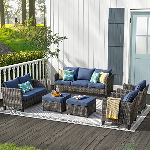 ovios Patio Furniture Set 6 PCS Outdoor Sectional Sofa Set with Loveseat Chairs Ottomans High Back Sofa All Weather Wicker Rattan Conversation Sets for Yard Porch (Denim Blue)