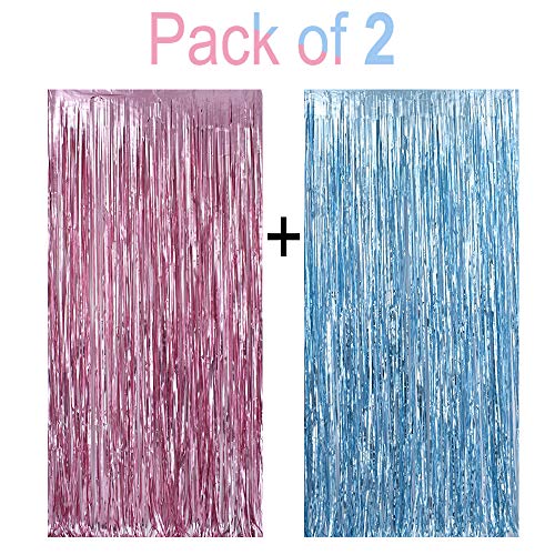 Metallic Tinsel Foil Fringe Curtains 3.2 ft x 6.6 ft Baby Shower Gender Reveals Party Decoration Party Photo Backdrop (Pink/Blue)