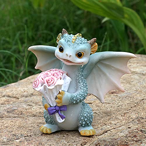 Aclema Miniature Figurines Fairy Garden Dragon Present Bouquet Resin Decor Collections for Terrarium Micro Landscape