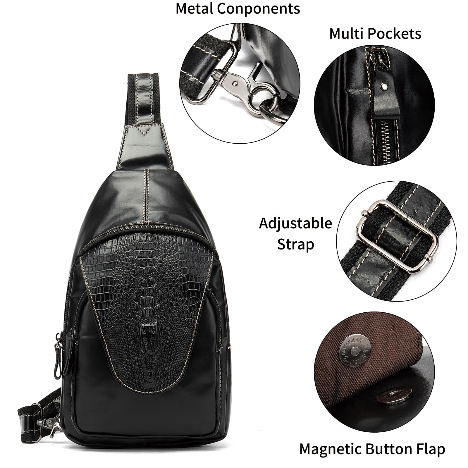 NIUCUNZH Handmade Genuine Leather Crossbody Sling Bag Crocodile Embossing Chest Bag Waterproof Shoulder Bag Black