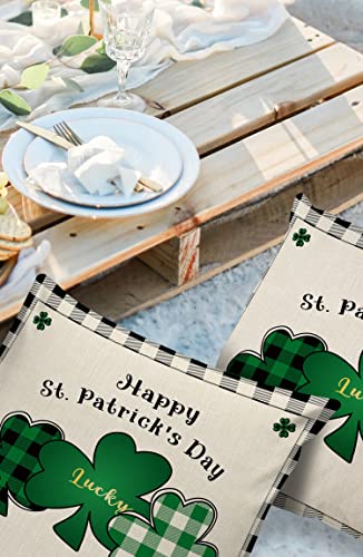 Outdoor Pillows 18x18 Waterproof Outdoor Pillow Covers, St. Patrick's Day Clovers Lucky Polyester Throw Pillow Covers Garden Cushion Decorative Case for Patio Couch Decoration Set of 2, Buffalo Plaid
