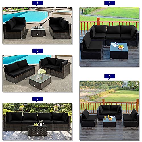 Tangkula 6-Piece Patio Furniture Set with 30β Propane Fire Pit Table, Outdoor PE Wicker Conversation Set with Cushions and Tempered Glass Coffee Table, Gas Fire Pit Table with 50,000 BTU (Black)