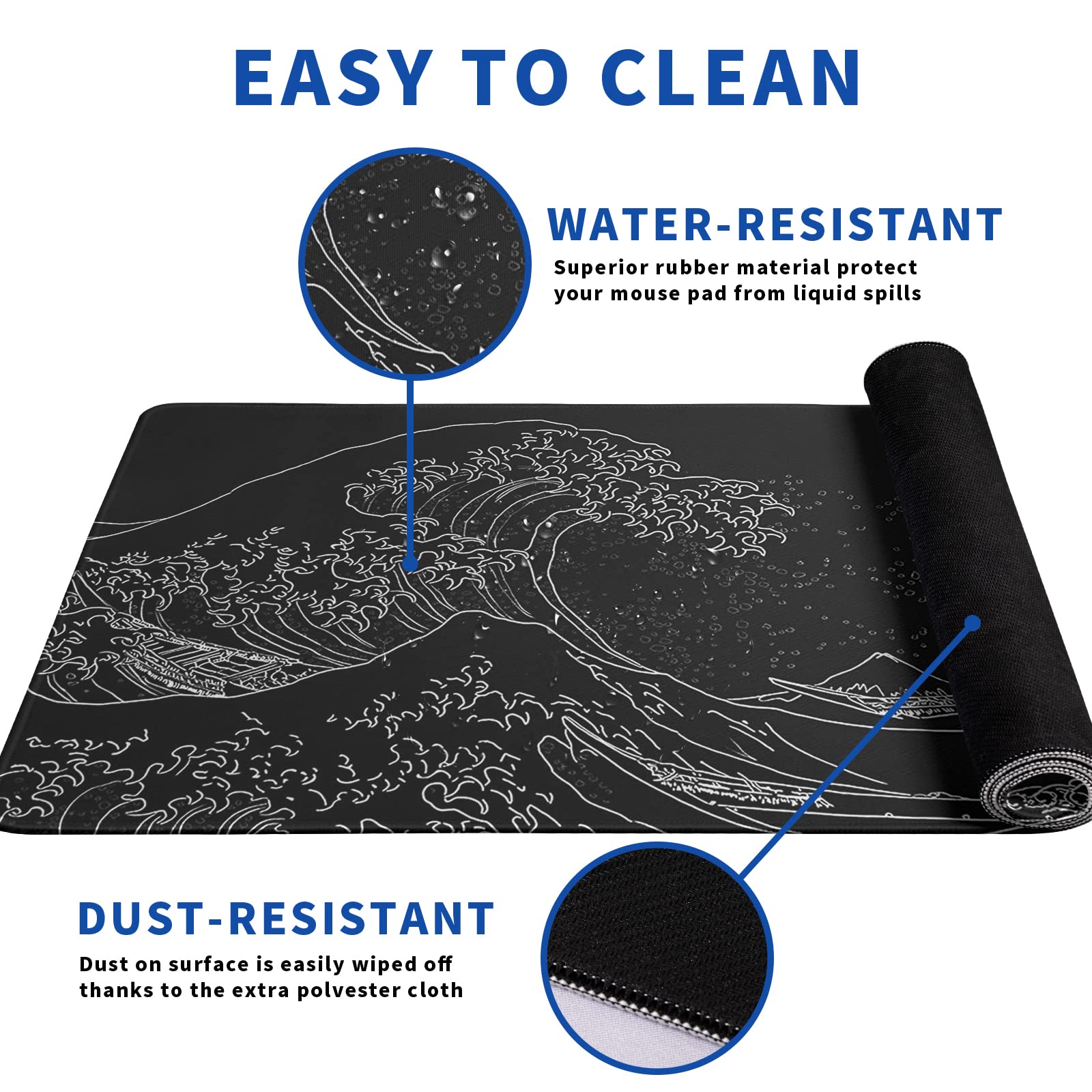 Japanese Gaming Mouse Pad Abstract Black Mouse Pad 31.5x11.8 Inch Black Sea Wave Texture Non-Slip Rubber Base Large Ocean Mousepad Stitched Edges Keyboard Mouse Mat Desk Pad for Office and Home
