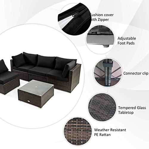Tangkula 6-Piece Patio Furniture Set with 30β Propane Fire Pit Table, Outdoor PE Wicker Conversation Set with Cushions and Tempered Glass Coffee Table, Gas Fire Pit Table with 50,000 BTU (Black)