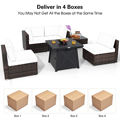 Tangkula 6-Piece Patio Furniture Set with 30β Propane Fire Pit Table, Outdoor PE Wicker Conversation Set with Cushions and Tempered Glass Coffee Table, Gas Fire Pit Table with 50,000 BTU (Black)