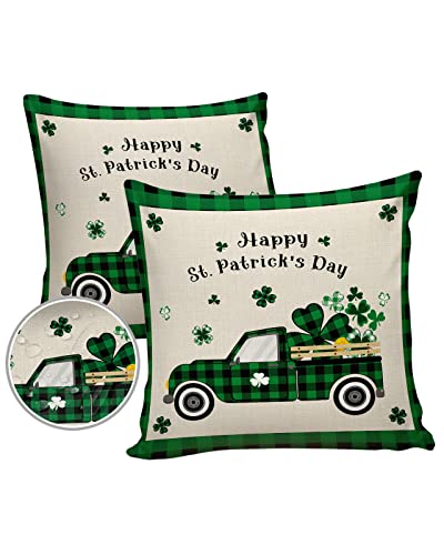 Outdoor Pillows 16x16 Waterproof Outdoor Pillow Covers, St Patrick's Day Shamrock Truck Polyester Throw Pillow Covers Garden Cushion Decorative Case for Patio Couch Decoration Set of 2, Spring Clovers