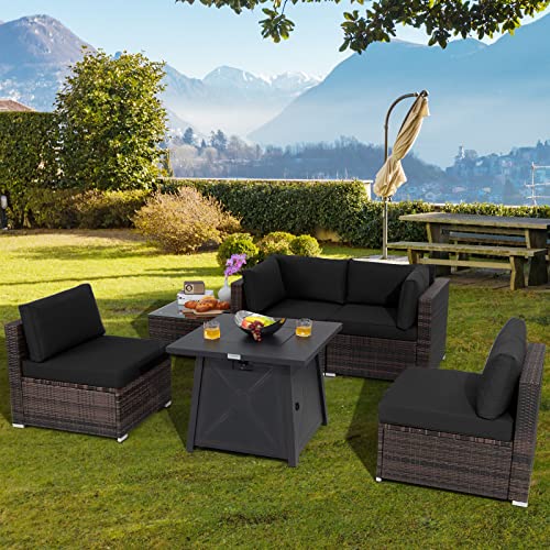 Tangkula 6-Piece Patio Furniture Set with 30β Propane Fire Pit Table, Outdoor PE Wicker Conversation Set with Cushions and Tempered Glass Coffee Table, Gas Fire Pit Table with 50,000 BTU (Black)