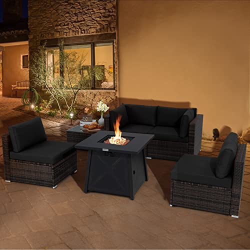 Tangkula 6-Piece Patio Furniture Set with 30β Propane Fire Pit Table, Outdoor PE Wicker Conversation Set with Cushions and Tempered Glass Coffee Table, Gas Fire Pit Table with 50,000 BTU (Black)
