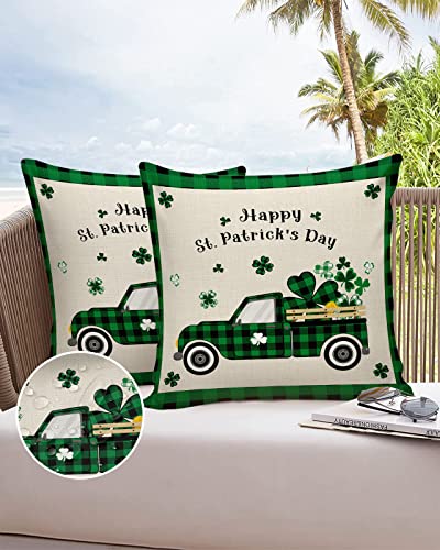 Outdoor Pillows 16x16 Waterproof Outdoor Pillow Covers, St Patrick's Day Shamrock Truck Polyester Throw Pillow Covers Garden Cushion Decorative Case for Patio Couch Decoration Set of 2, Spring Clovers