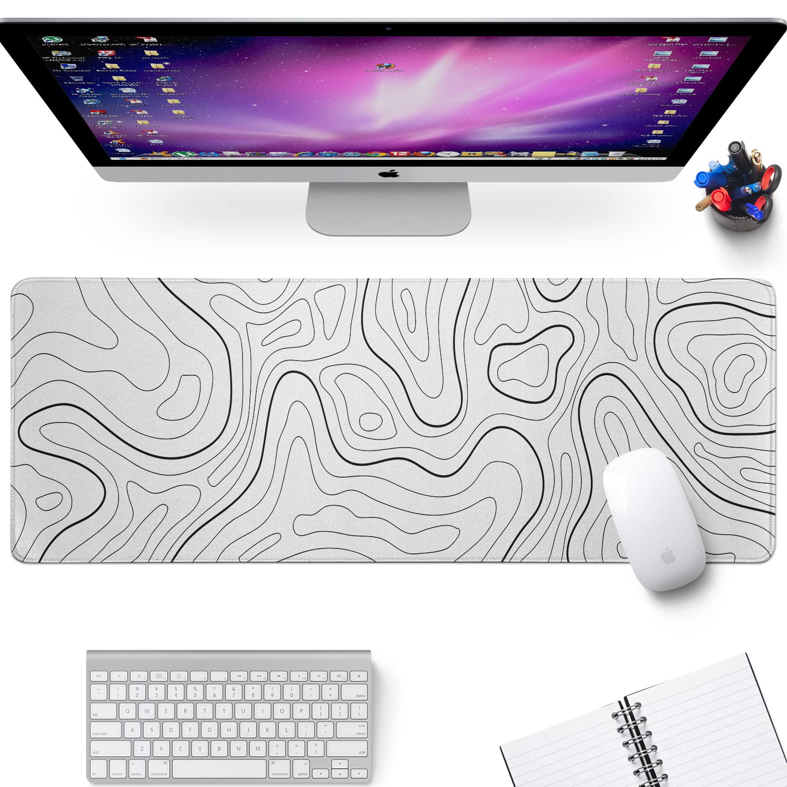 White Big Mousepad for Gaming Large Topographic Map Washable Desk Pad with Stitched Edge Office Supplies and Decor 31.5''x11.8'' Computer Keyboard Protector