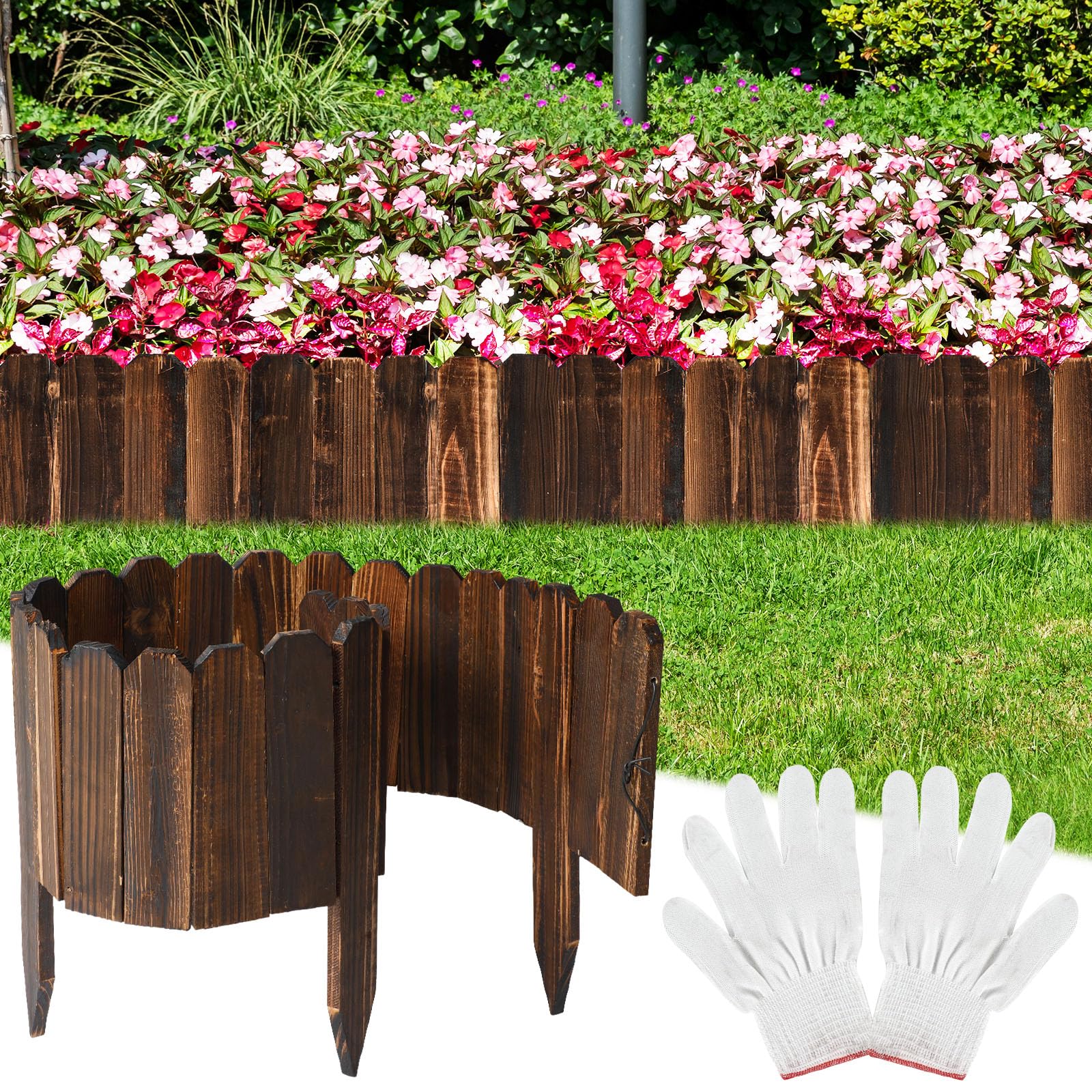 Wood Garden Edging Border Fence with White Gloves Wooden Fence Landscape Wood Border Edging for Garden Yard Pathway Outdoor Patio Decoration 8 x 47 Inches