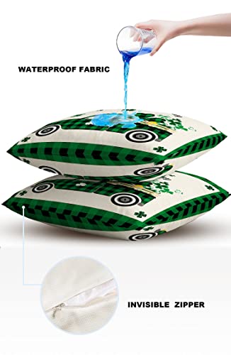 Outdoor Pillows 16x16 Waterproof Outdoor Pillow Covers, St Patrick's Day Shamrock Truck Polyester Throw Pillow Covers Garden Cushion Decorative Case for Patio Couch Decoration Set of 2, Spring Clovers