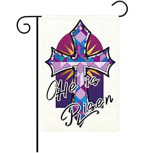 Heyfibro Easter Jesus Garden Flag 12 x 18 Inch BurlapVertical Double Sided Burlap Flags He Is Risen Cross Religious Garden Yard Banners for Outside Christmas Easter Spring Decoration(ONLY FLAG)