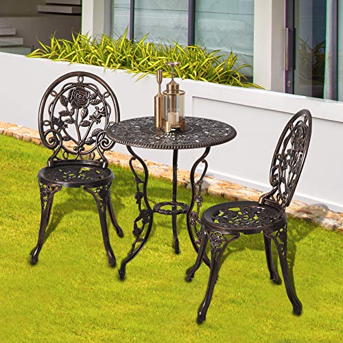 HOMEFUN Bistro Table Set, Antique Bronze Rose 3 Piece, Outdoor Patio Table and Chairs Furniture, Durable Rust Weather Resistance,Rose Bronze