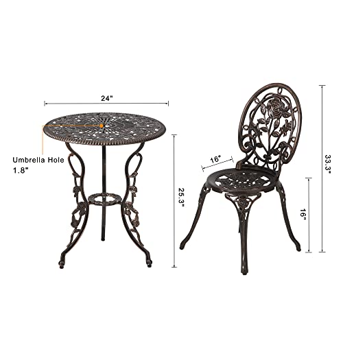 HOMEFUN Bistro Table Set, Antique Bronze Rose 3 Piece, Outdoor Patio Table and Chairs Furniture, Durable Rust Weather Resistance,Rose Bronze