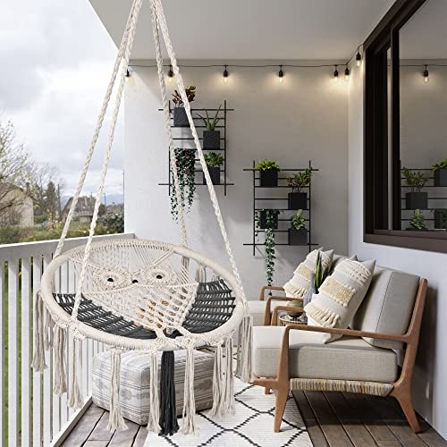 Prime Garden Hammock Chair, Owl Hanging Macrame Swing with Hardware Kits, Handmade Knitted Mesh Rope Swing Chair for Indoor, Outdoor, Bedroom, Patio, Garden, Small (Width 60 CM)