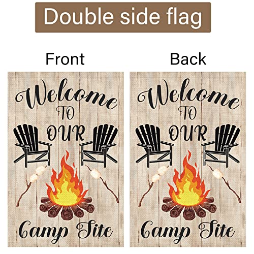 Louise Maelys Spring Summer Camper Camping Garden Flag for Campsite Vertical 12x18 Double Sided, Welcome to Our Camp Site Small Camping Flags Outdoor Fire Pit Camper Camping Campsite Decoration (ONLY FLAG)