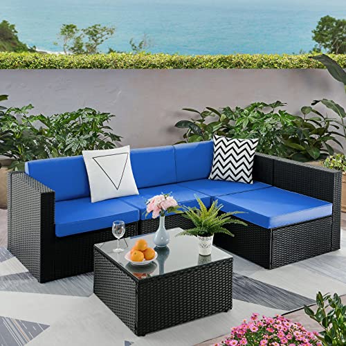 Waleaf 5 Pieces Outdoor Furniture Rattan Sectional Patio Sofa, Outdoor Indoor Backyard Porch Garden Poolside Balcony Wicker Conversation Set with Table (Dark Blue)