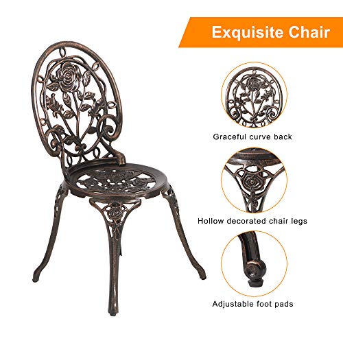HOMEFUN Bistro Table Set, Antique Bronze Rose 3 Piece, Outdoor Patio Table and Chairs Furniture, Durable Rust Weather Resistance,Rose Bronze