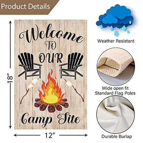 Louise Maelys Spring Summer Camper Camping Garden Flag for Campsite Vertical 12x18 Double Sided, Welcome to Our Camp Site Small Camping Flags Outdoor Fire Pit Camper Camping Campsite Decoration (ONLY FLAG)