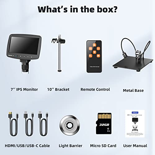 TOMLOV DM03 7" HDMI LCD Digital Microscope 1200X [Larger View & Larger Workspace] 1080P HD Screen Coin Microscope for Adult/Kids USB Soldering Microscope with Light Compatible with TV/Windows/MacOS