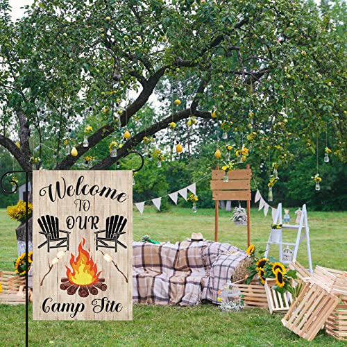 Louise Maelys Spring Summer Camper Camping Garden Flag for Campsite Vertical 12x18 Double Sided, Welcome to Our Camp Site Small Camping Flags Outdoor Fire Pit Camper Camping Campsite Decoration (ONLY FLAG)