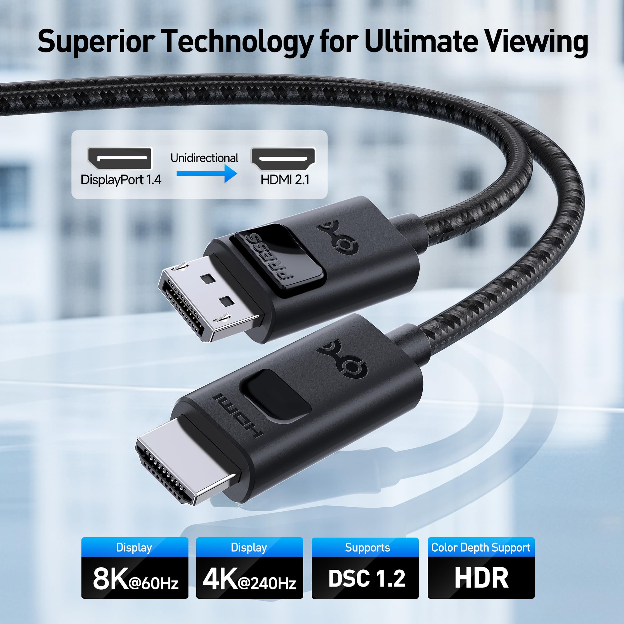 Cable Matters 8K DisplayPort 1.4 to HDMI 2.1 Cable - 6ft / 1.8m, with 4K 240Hz / 8K 60Hz, Unidirectional Display Port to HDMI 2.1 Cable, Supports RTX4080, RX7900, Not Work with PS5, Black