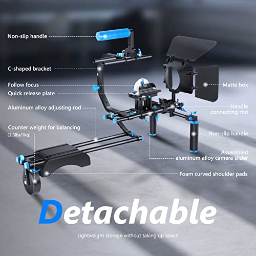 Neewer Shoulder Rig Kit for DSLR Cameras and Camcorders, Movie Video Film Making System with Matte Box, Follow Focus, C-Shaped Bracket, 15mm Rods, Handgrip, 1/4β & 3/8β Threads (Blue + Black)
