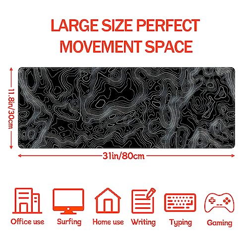 Gaming Mouse Pad Large Desk Mat Topographic Mouse Pad Gaming Mousepad Large 31.5 x 11.8in Desk Mat Desk Pad Extended XL Black Mouse Pad for Keyboard with Anti-Slip Rubber Base Mouse Mat Keyboard Pad