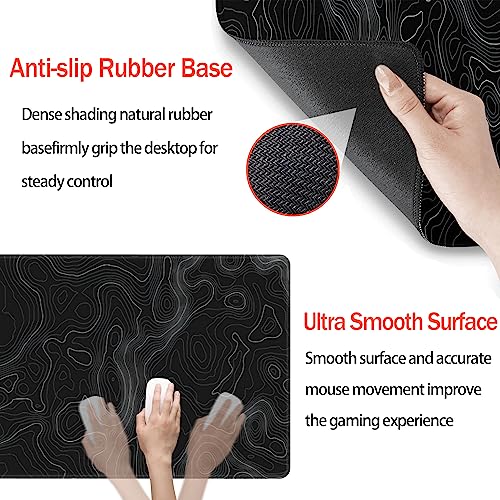 Gaming Mouse Pad Large Desk Mat Topographic Mouse Pad Gaming Mousepad Large 31.5 x 11.8in Desk Mat Desk Pad Extended XL Black Mouse Pad for Keyboard with Anti-Slip Rubber Base Mouse Mat Keyboard Pad