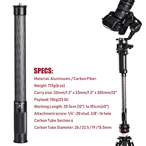 Carbon Fiber Extension Pole,Fast Twisting Lock 4 Section Tube,1/4" Screw Mount Compatible with Camera Phone Gimbal Stablizer Gopro DJI Osmo,Lightweight Digital Camera Selfie Stick
