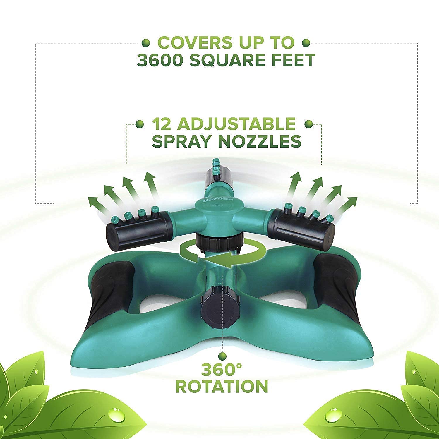 Signature Garden Water Sprinklers for Yard, Three Arm Sprinkler, 12 Built-in Spray Nozzles, 360 Degree Rotation, Connect Multiple Large for Large Or Small Grass Lawn Area
