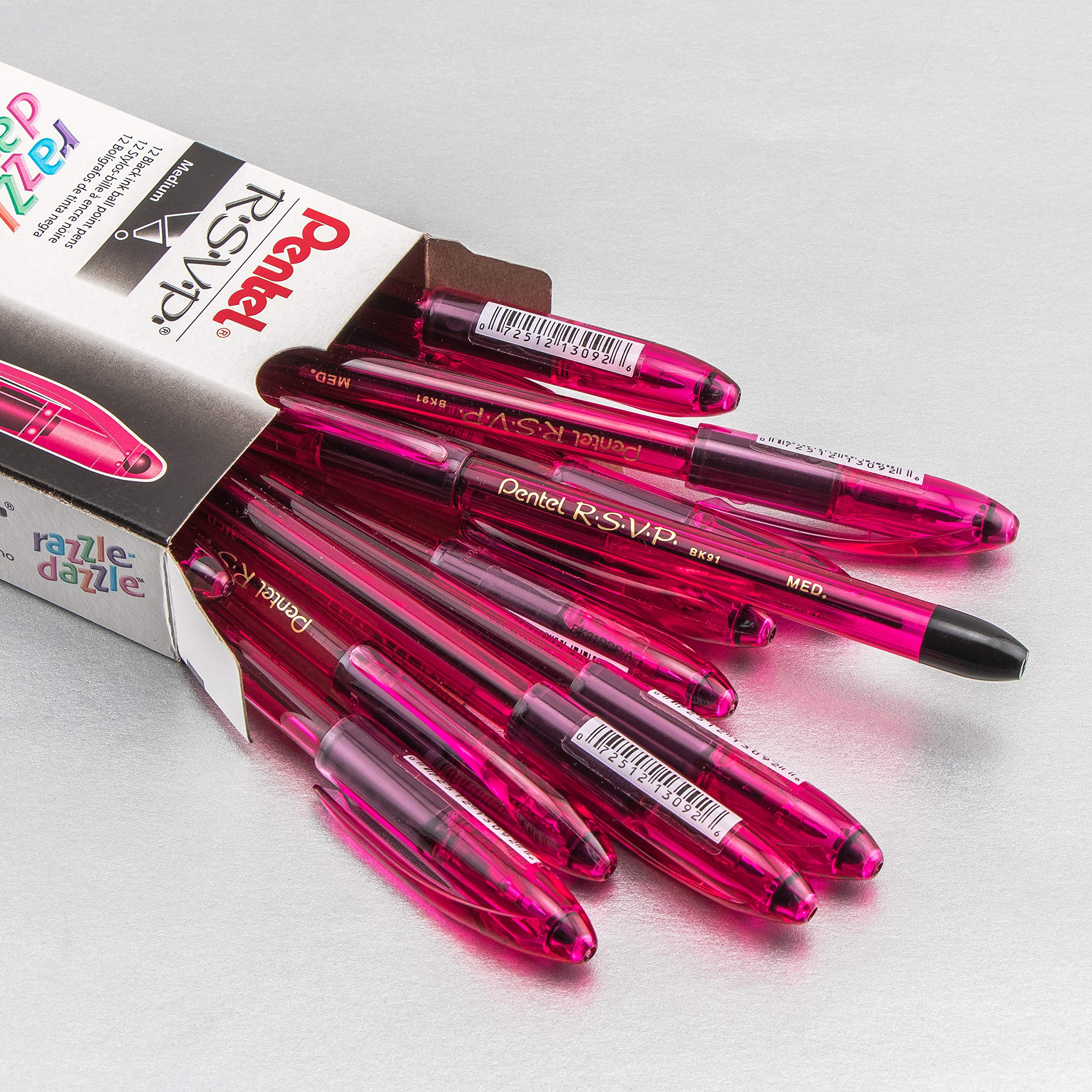 Pentel R.S.V.P. Razzle-Dazzle Ballpoint Pen, Medium Line, Pink Barrel, Black Ink, Box of 12 (BK91RDP-A)
